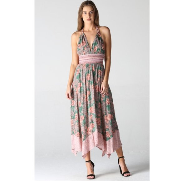 Angie | Dresses | Angie Pink Floral Hanky Hem Halter Dress ...